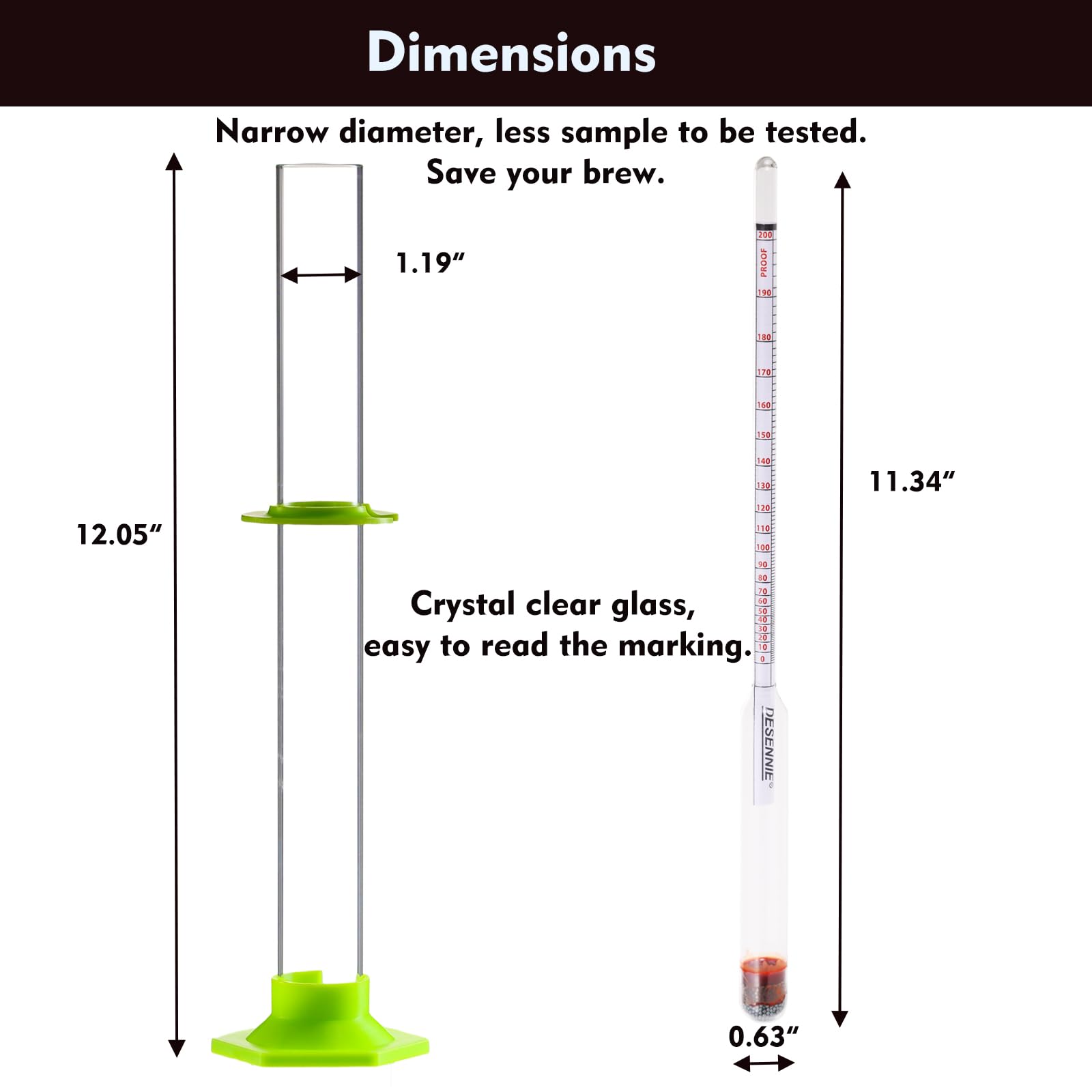 DESENNIE Hydrometer Alcohol Meter Test Kit 0-200 Proof and Tralle Hydrometer, Alcohol Proof Tester for Moonshine, Liquor, Spirits with Glass Test Jar Cleaning Brush Microfiber Cloth and a Brew Bag