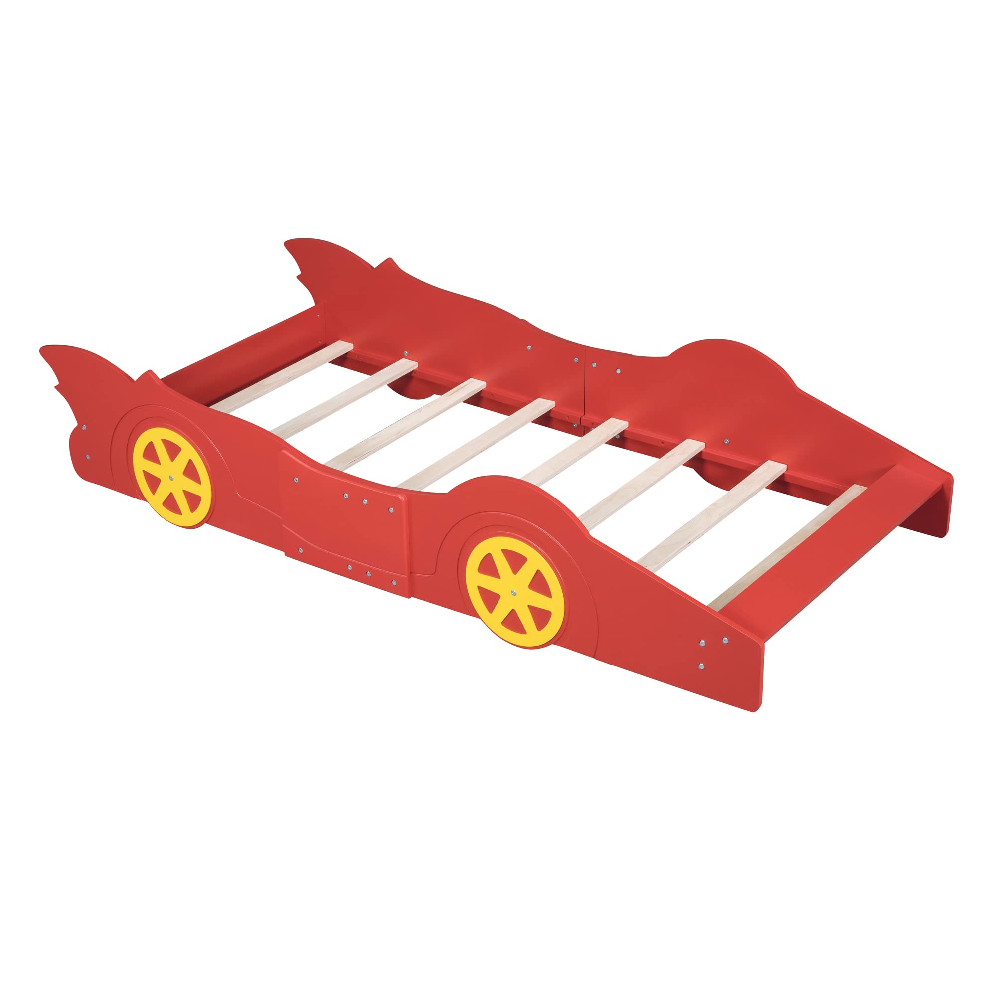 Ochangqi Twin Race Car Bed,Wooden Car Bed,Twin Car Bed Frame with Wheels,Sturdy Slats&Rails Heavy Duty,Noise Free,No Box Spring Needed,Easy Assembly (Red, Twin)