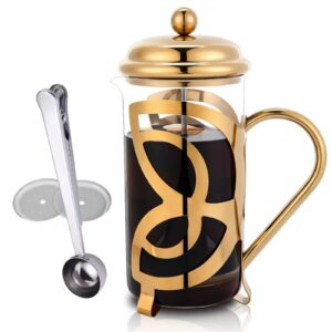 miuly french press coffee maker,304 grade stainless steel & heat resistant borosilicate glass, (1 liter,34oz), gift set with coffee measuring spoon & two filter screens, gold