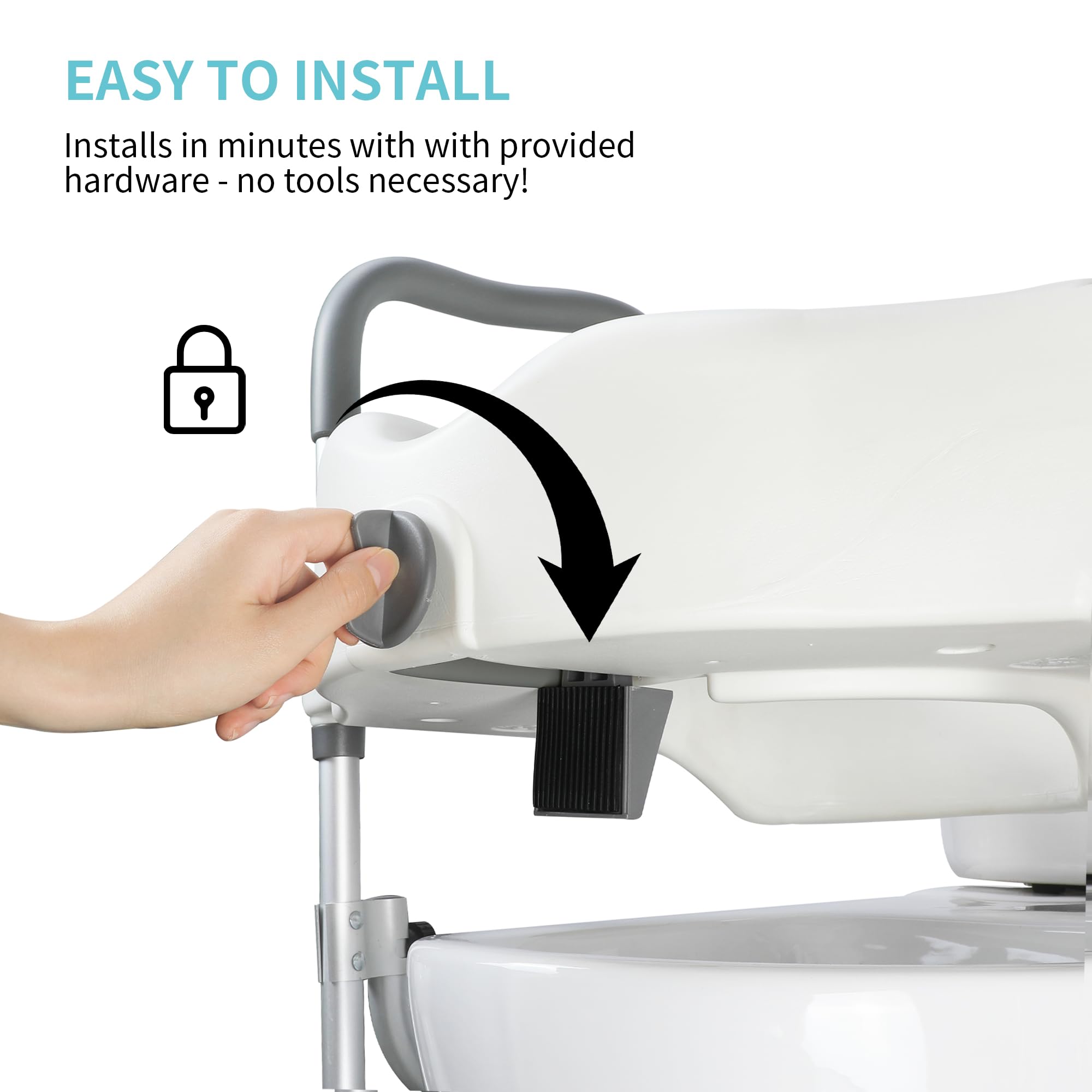 Lock Raised Toilet Seat with Handles, 5 Inch Toilet Seat Riser Heavy Duty with Adjustable Arms and Legs Fits Most Toilets, Elevated Toilet Seat 300 LBS(Regular, Grey+White）