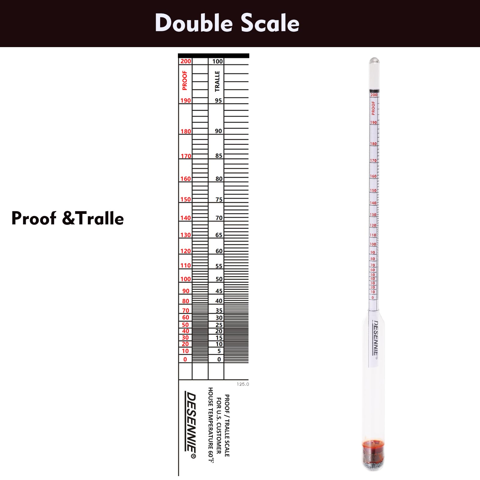 DESENNIE Hydrometer Alcohol Meter Test Kit 0-200 Proof and Tralle Hydrometer, Alcohol Proof Tester for Moonshine, Liquor, Spirits with Glass Test Jar Cleaning Brush Microfiber Cloth and a Brew Bag