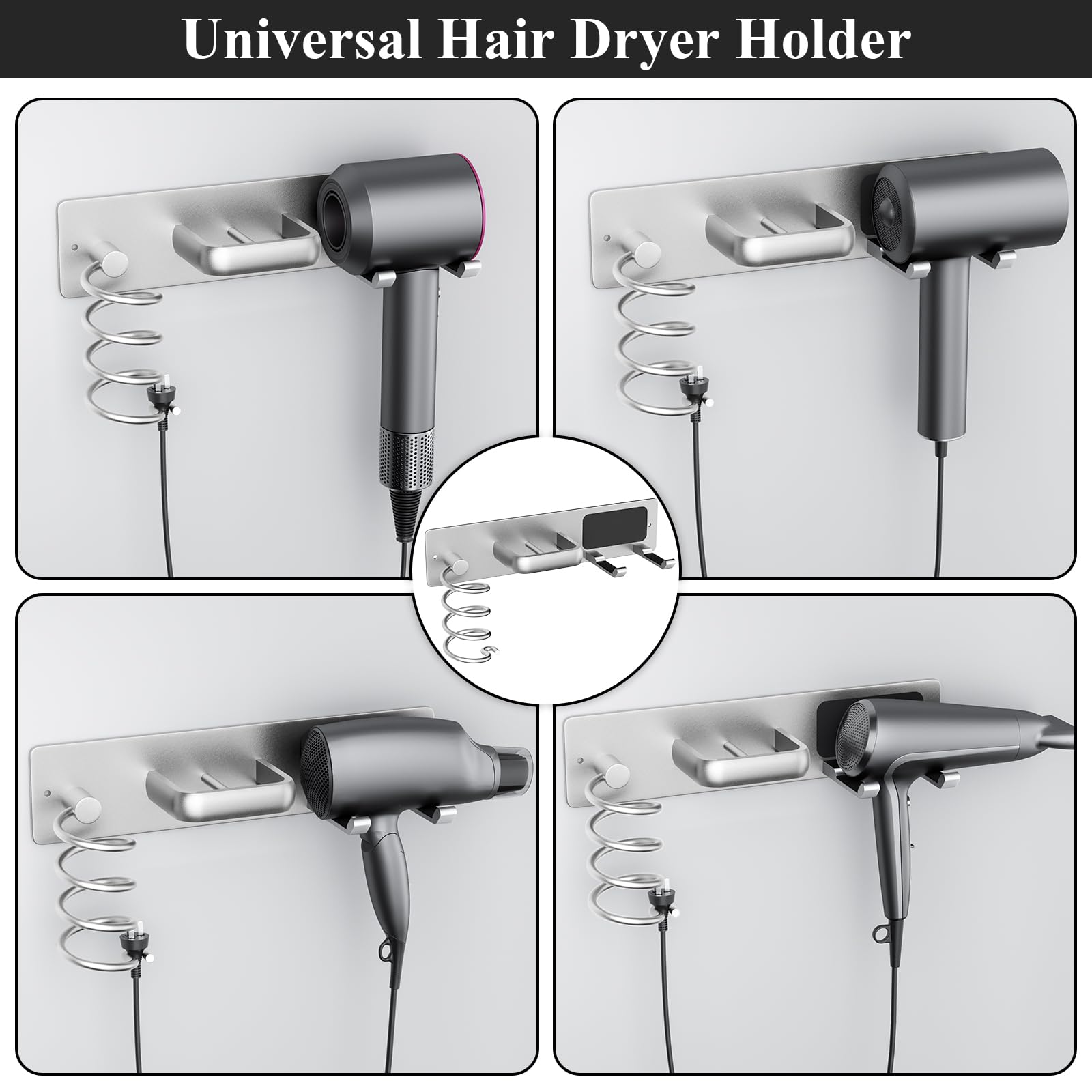 Tindbea Hair Dryer Holder Curling Iron Holder Flat Iron, Blow Dryer Holder Wall Mount, 3 in 1 Bathroom Hair Tool Organizer Rack for Universal Dryer, Brushed Nickel