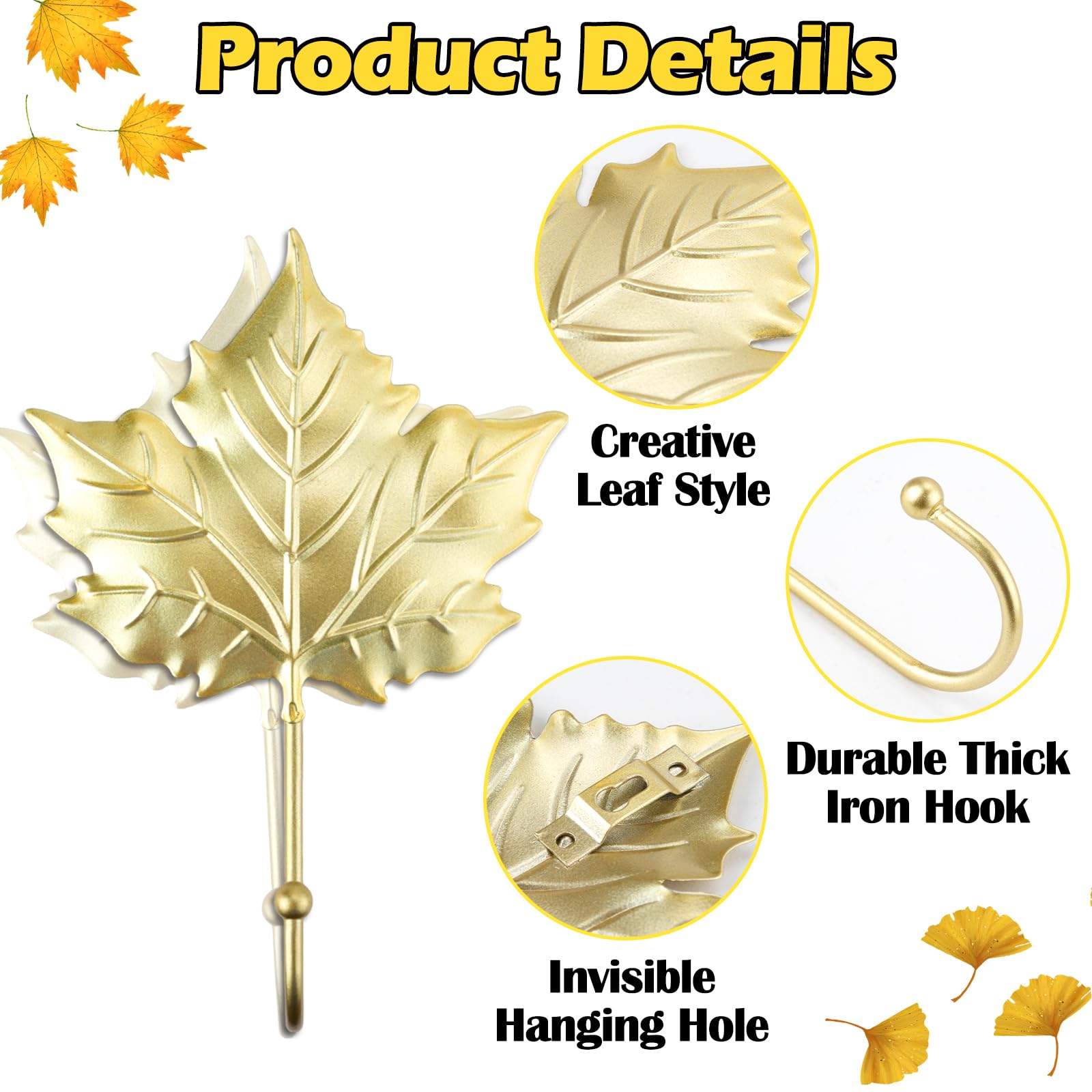 HOSTK 8pcs Decorative Wall Hooks, Gold Leaves Wall Mounted Hangers, Plant Modern Coat Hat Towel Clothing Key Holder for Home Bedroom Bathroom Kitchen Office Entryway Living Room