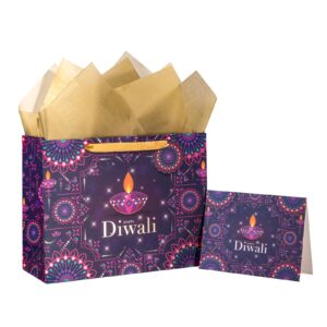 loveinside diwali gift bag with tissue paper, gift tag and greeting card for diwali, autumn, holiday and party - 13" x 5" x 10", 1 pcs, diwali