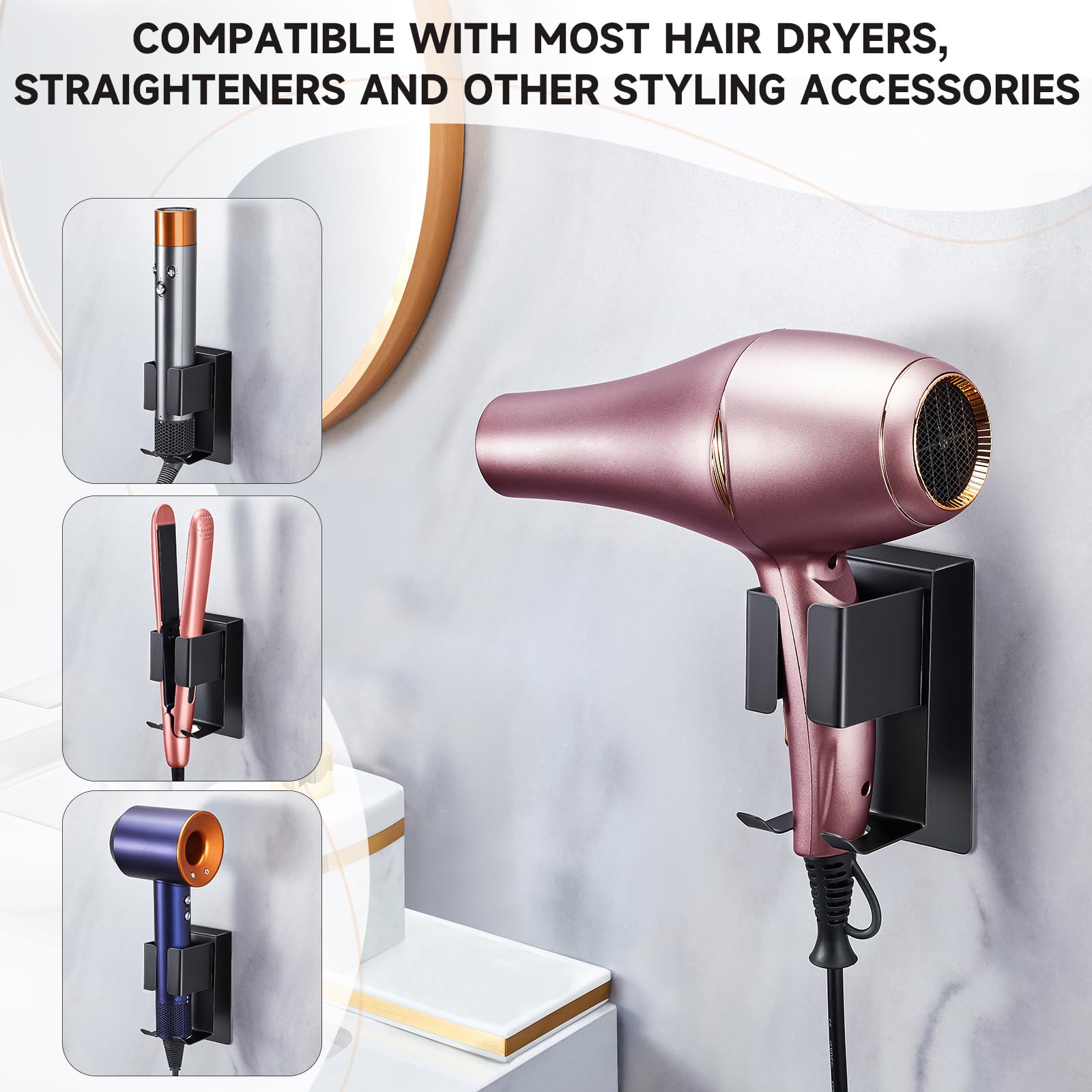 Curling Iron Holder Wall Mount, Hair Tool Organizer for Styler Attachments Organizer, Hair Dryer Holder, Stainless Steel Hair Straightener Holder, Blow Dryer Holder Storage for Flat Iron, Curling Wand