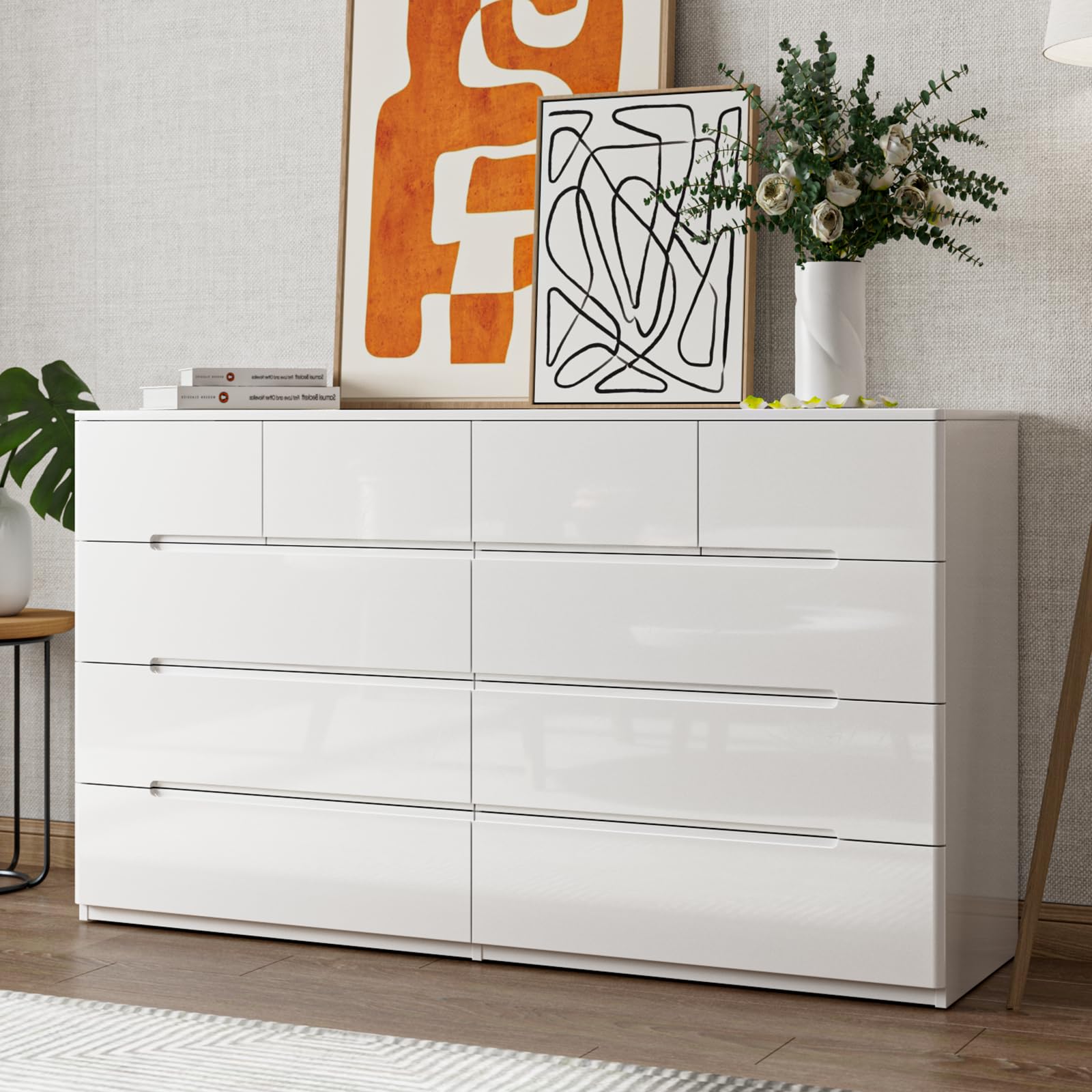 ZORPLIX 10 Drawer Dresser, White Dresser for Bedroom, High Gloss Modern Dresser & Chest of Drawers, 55" Long Dresser TV Stand, Large Double Dresser for Bedroom