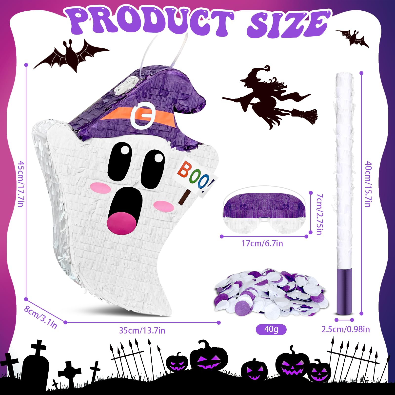 4 Pcs Halloween Ghost Pinata Set 17.7 x 13.7 Inch Cute Ghost Pinata with Stick Blindfold and Confetti for Halloween Birthday Party Game Supplies Decoration