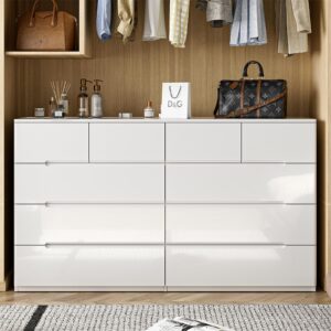 ZORPLIX 10 Drawer Dresser, White Dresser for Bedroom, High Gloss Modern Dresser & Chest of Drawers, 55" Long Dresser TV Stand, Large Double Dresser for Bedroom