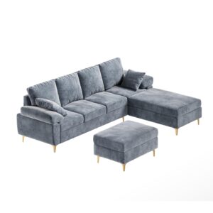 Lamerge L Shaped Sectional Couch for Living Room, Velvet Modular Sectional Sofa Set with Ottoman & Chaise, Comfy Living Room Furniture Sets with 2 Pillows, Oversized Corner Sofa Couch, Grey