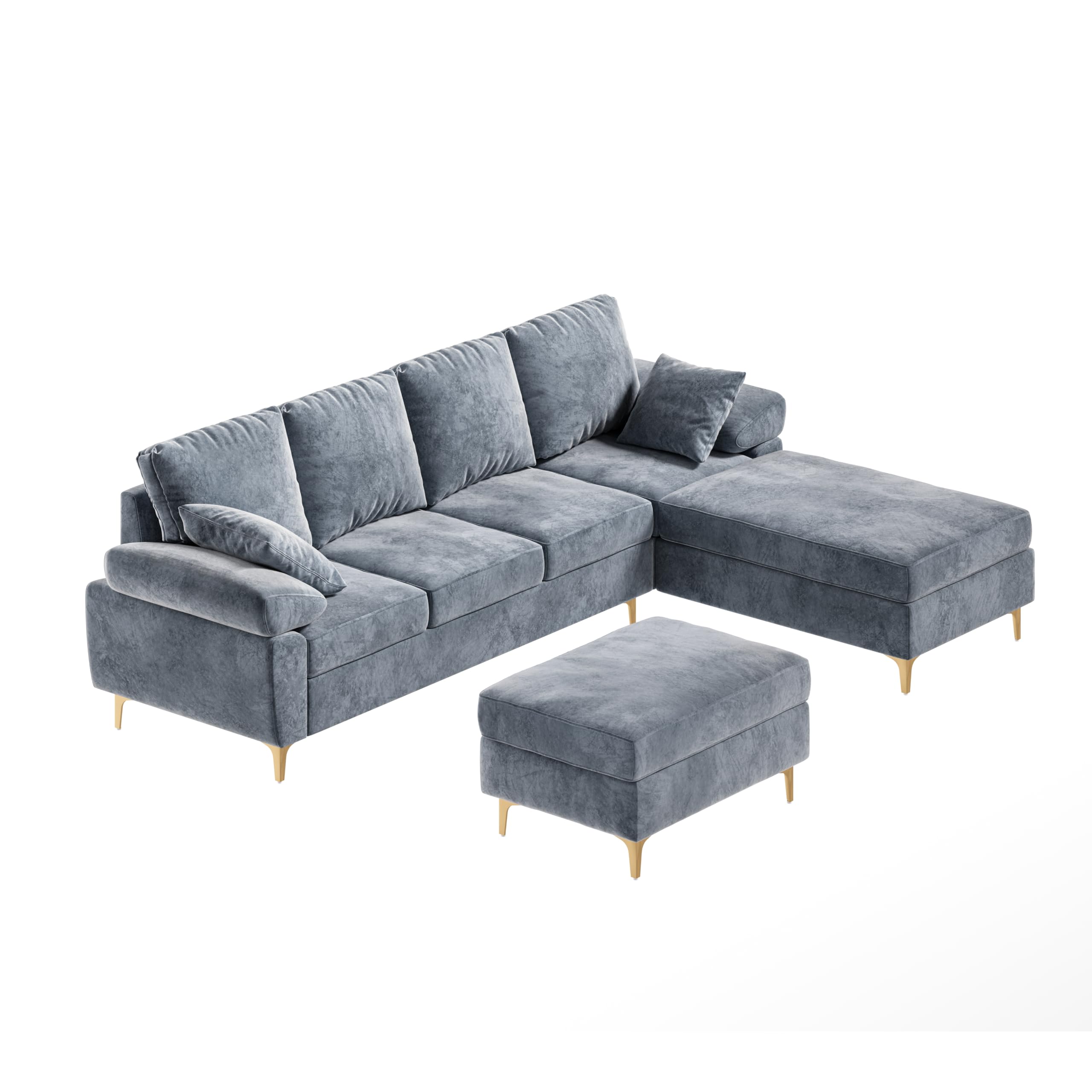 Lamerge L Shaped Sectional Couch for Living Room, Velvet Modular Sectional Sofa Set with Ottoman & Chaise, Comfy Living Room Furniture Sets with 2 Pillows, Oversized Corner Sofa Couch, Grey