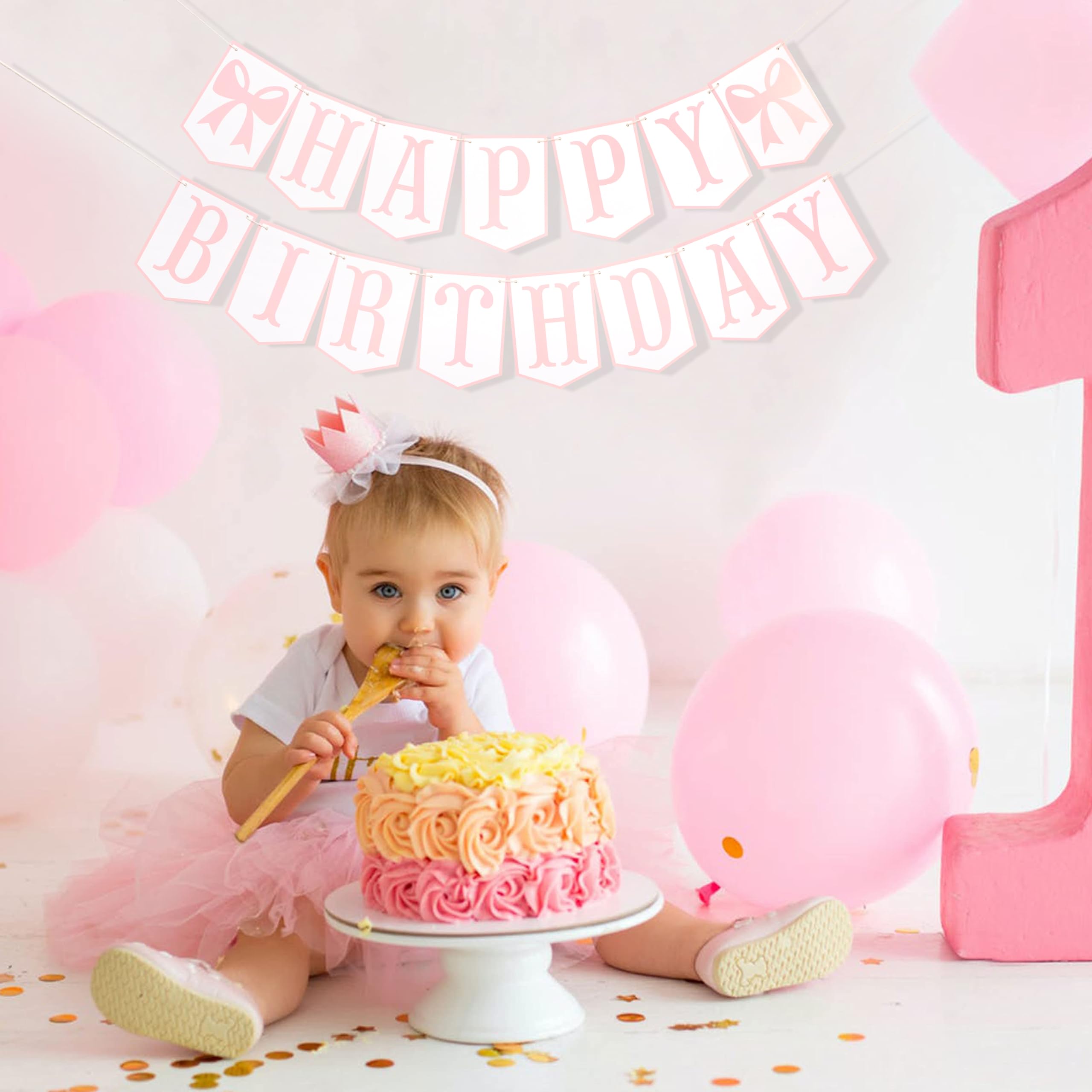 Happy Birthday Bow Girl Banner - Bow 1st Birthday Decoration,Girl First Bow Birthday Party,Pink Bow Happy Birthday Banner, Baby Girl Bow Banner