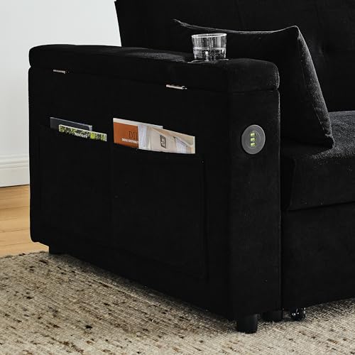 Modern 4 in 1 Convertible Sleeper Sofabed Chenille Upholstered Multifunctional Loveseat Sofa with Pull-Out Couch Bed,Armrests Storage,Cupholders,USB Ports,Adjustable Backrest,Pillows,Side Pockets