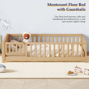 Tatub Twin Floor Bed with Slats, Montessori Bed with Rails, Kids Floor Bed with Built-in Book Storage Rack, Solid Wood Montessori Bed Frame with Door, Nature