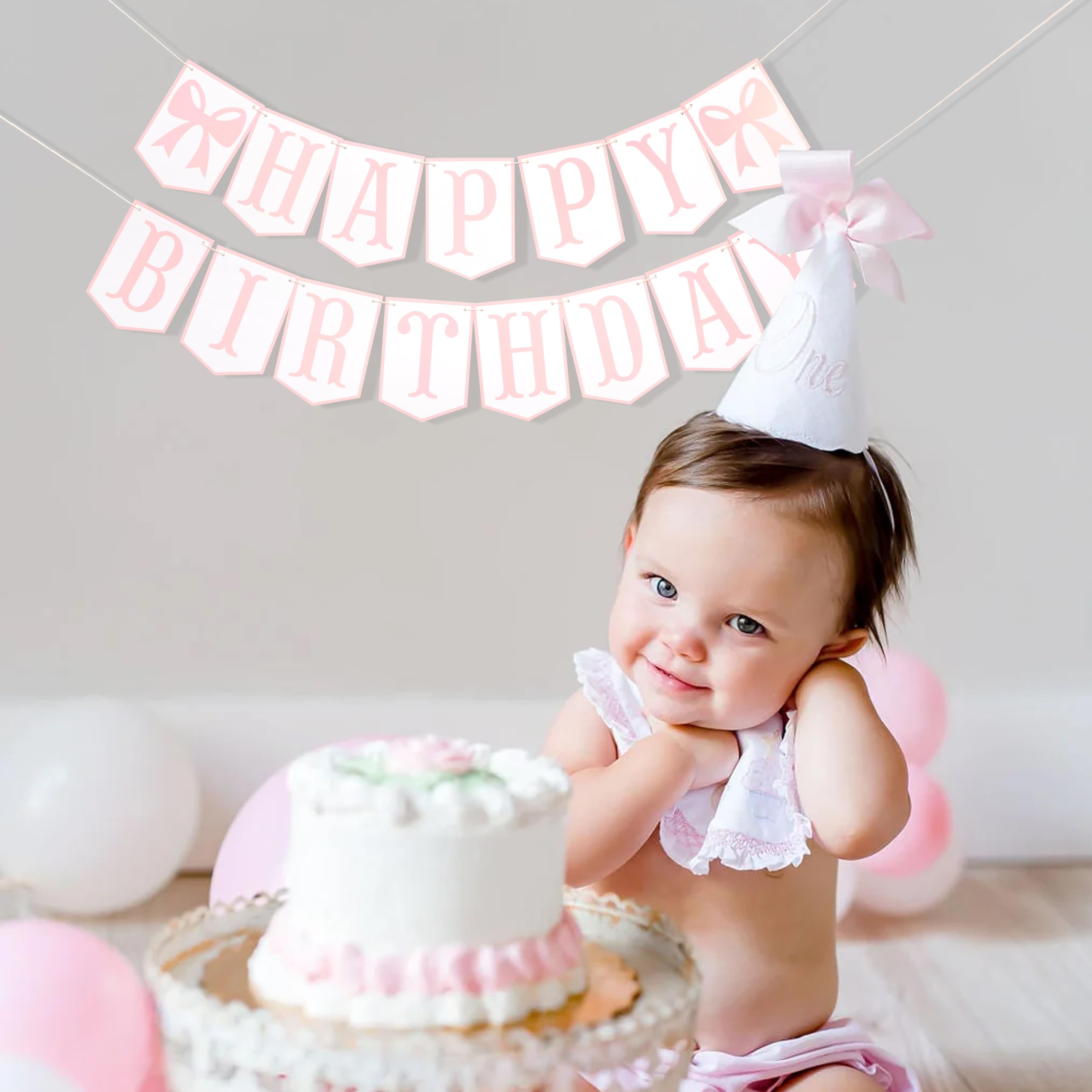 Happy Birthday Bow Girl Banner - Bow 1st Birthday Decoration,Girl First Bow Birthday Party,Pink Bow Happy Birthday Banner, Baby Girl Bow Banner