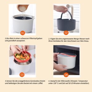 Microwave Rice Cooker Steamer, 2L Rice Maker Pasta Cooker with Strainer & Steamer Basket, MIATTCLD BPA Free Plastic Microwaveable Cookware Set for Rice, Oats, Veggies, Pasta, Ramen, Quinoa