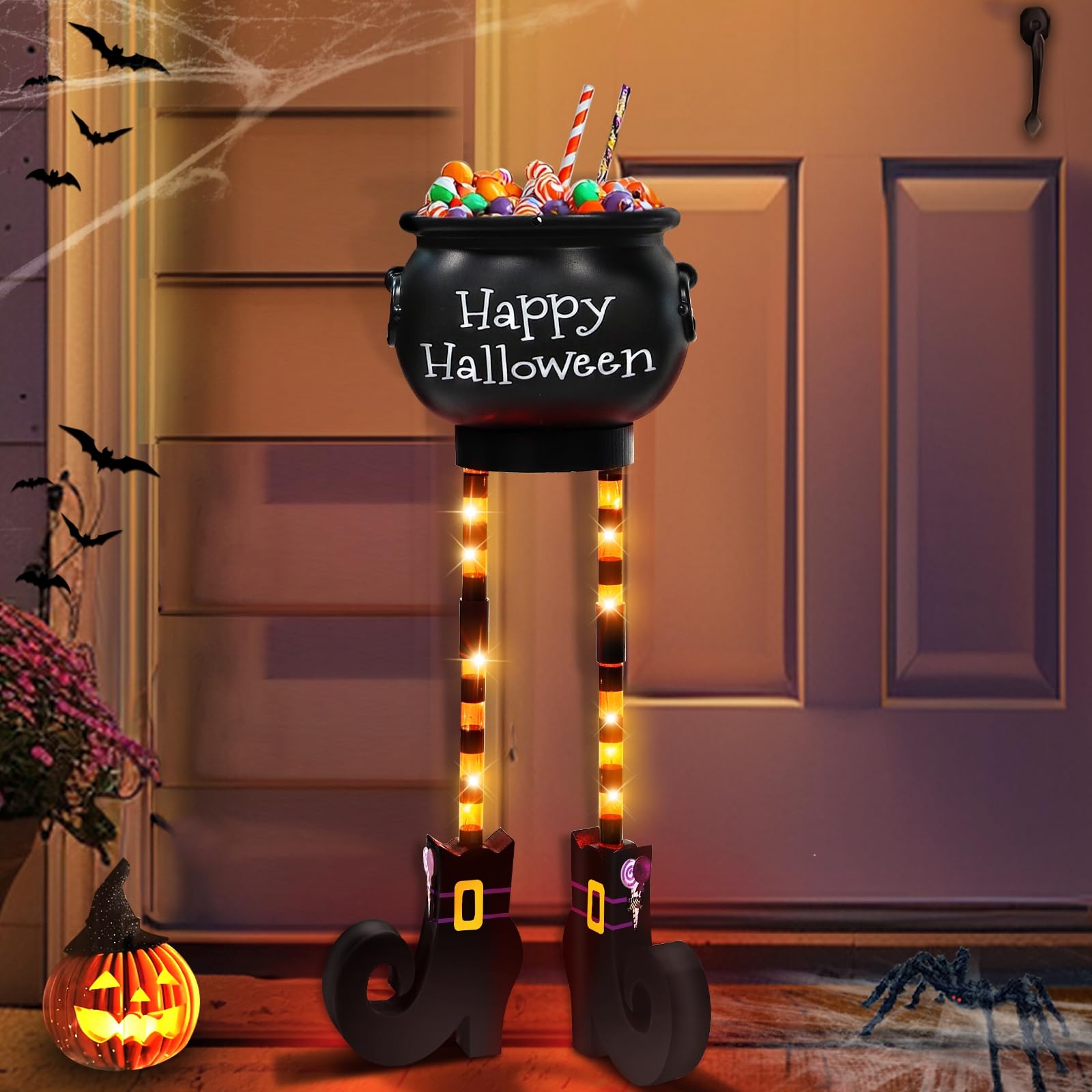 [ Orange Lights & Timer] Halloween Decorations - Halloween Candy Bowls, 2 Ft Large Witches Legs Candy Bowl Cauldron Hocus Pocus Bucket Candy Holder for Indoor Front Porch Home House Lawn Yard Outside