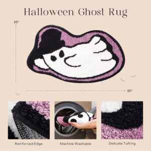 Phantoscope Happy Halloween Rug Ghost Shaped Area Rug, Soft Plush Mat for Front Door Living Bedroom Bathroom, Non-Slip Decorative Rug, Gothic Halloween Decor Door Mat, White/Purple 27.5 x 55 inch