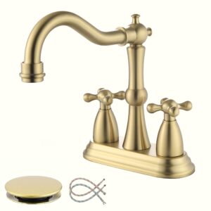 antique bathroom faucet brushed gold, senhozi cross handles centerset bathroom faucet for sink 3 hole with overflow pop up drain assembly and supply hose, sus304 rv bathroom faucet 3 hole, se-0038-bg