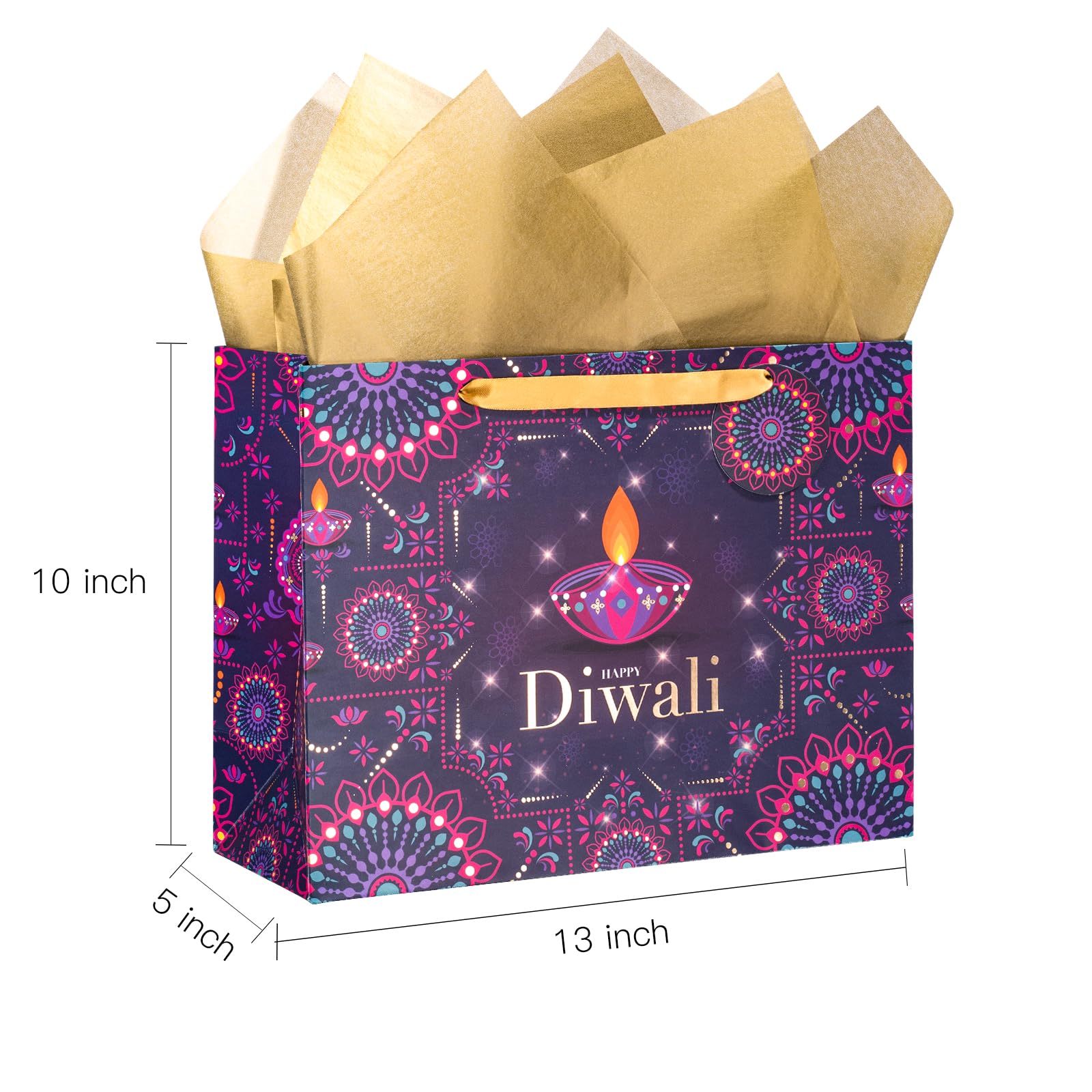 Loveinside Diwali Gift Bag with Tissue Paper, Gift Tag and Greeting Card for Diwali, Autumn, Holiday and Party - 13" x 5" x 10", 1 Pcs, Diwali