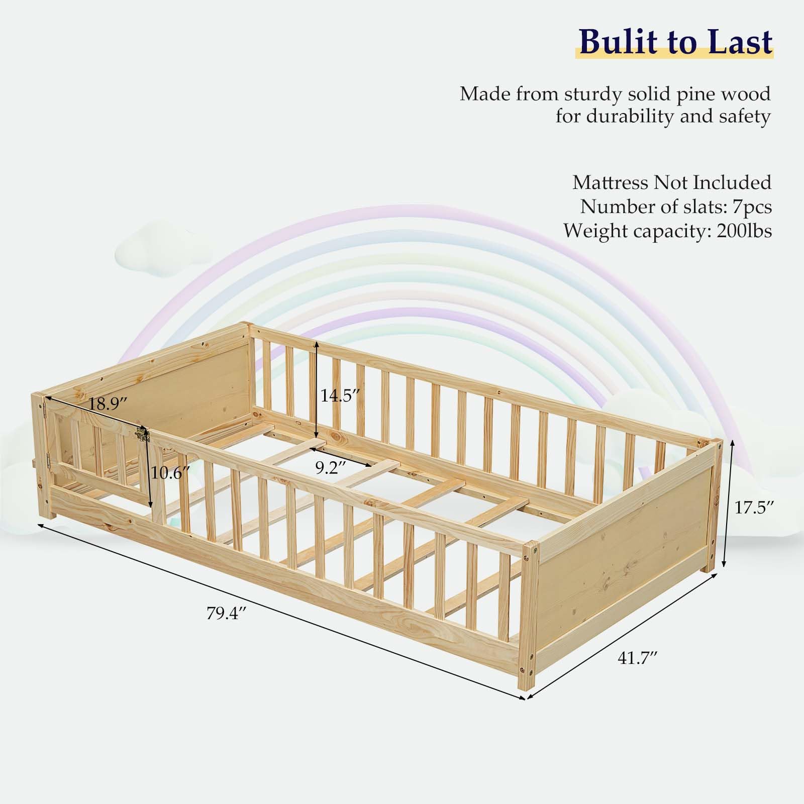 Tatub Twin Floor Bed with Slats, Montessori Bed with Rails, Kids Floor Bed with Built-in Book Storage Rack, Solid Wood Montessori Bed Frame with Door, Nature