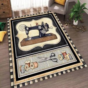 soyalie vintage sewing machine themed area rug for entrance kitchen non-slip black and white striped scissors bordered carpet dorm decor fun fashion carpet 3'x5'