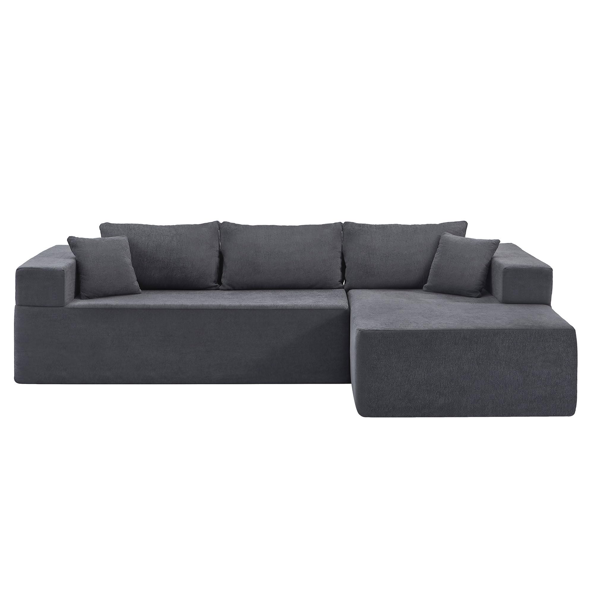 kevinplus 107.47 Sectional Sofa Couch with Chaise Lounge for Living Room, Modern L-Shape 4-Seat High-Density Sponge Floor Sofa Couch, No Assembly & Heightened Seat(Right-Facing, Gray)