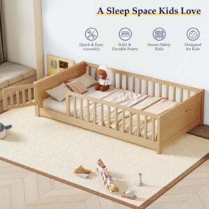 Tatub Twin Floor Bed with Slats, Montessori Bed with Rails, Kids Floor Bed with Built-in Book Storage Rack, Solid Wood Montessori Bed Frame with Door, Nature