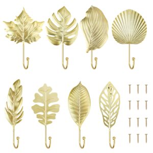 hostk 8pcs decorative wall hooks, gold leaves wall mounted hangers, plant modern coat hat towel clothing key holder for home bedroom bathroom kitchen office entryway living room