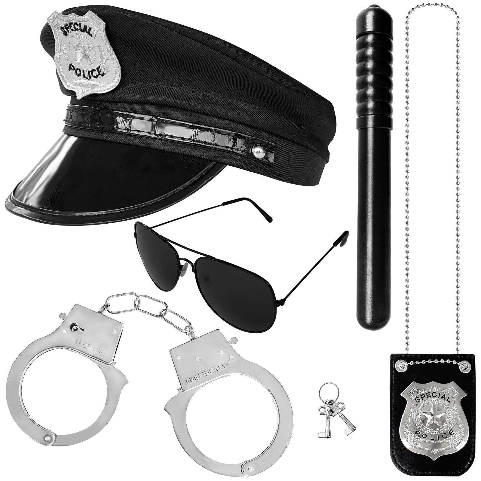 Bvrbaory 5PCS Police Pretend Costume Accessories,Police Pretend Play Toy Set for Kids,Mens Police Officer Accessory with Policeman Hat,Sunglass Handcuffs for Halloween Dress Up Costumes