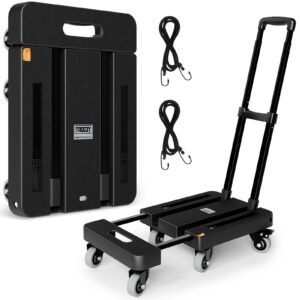 folding hand truck, 500 lb heavy duty luggage cart, utility dolly platform cart with 6 wheels & 2 elastic ropes for luggage, travel, moving, shopping, office use, black