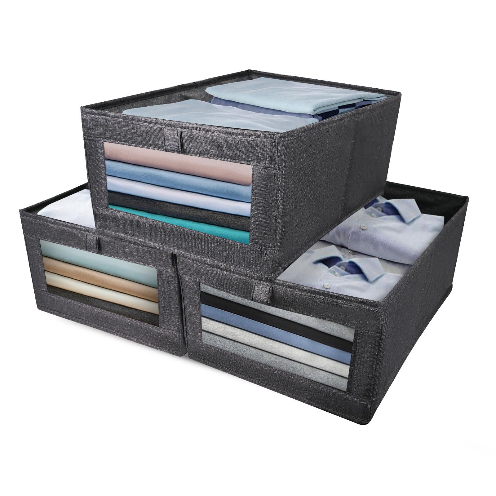 MEUVO Collapsible Storage Bins for Shelves - 3 Pack Foldable Storage Baskets for Organizing, Linen Closet Organizers and Storage with Visible Window and Handle for Clothes, 15.75" x 10.62" x 6.69"