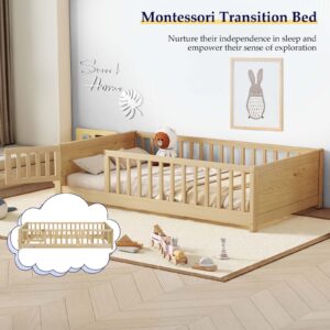 Tatub Twin Floor Bed with Slats, Montessori Bed with Rails, Kids Floor Bed with Built-in Book Storage Rack, Solid Wood Montessori Bed Frame with Door, Nature