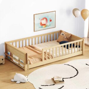 tatub twin floor bed with slats, montessori bed with rails, kids floor bed with built-in book storage rack, solid wood montessori bed frame with door, nature