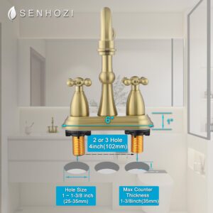 Antique Bathroom Faucet Brushed Gold, Senhozi Cross Handles Centerset Bathroom Faucet for Sink 3 Hole with Overflow Pop Up Drain Assembly and Supply Hose, SUS304 RV Bathroom Faucet 3 Hole, SE-0038-BG