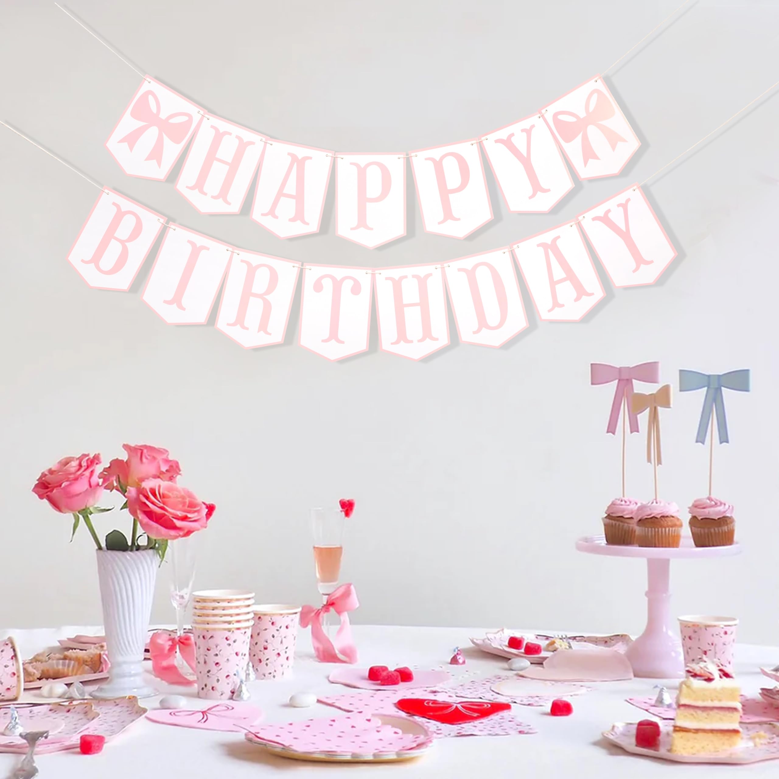 Happy Birthday Bow Girl Banner - Bow 1st Birthday Decoration,Girl First Bow Birthday Party,Pink Bow Happy Birthday Banner, Baby Girl Bow Banner