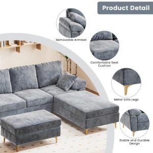 Lamerge L Shaped Sectional Couch for Living Room, Velvet Modular Sectional Sofa Set with Ottoman & Chaise, Comfy Living Room Furniture Sets with 2 Pillows, Oversized Corner Sofa Couch, Grey