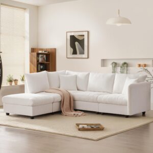 wiis' idea convertible sectional sofa couch,2 pillows,5-seat couch with convertible ottoman,various combinations,l-shape indoor furniture for living room,apartment,office（white）