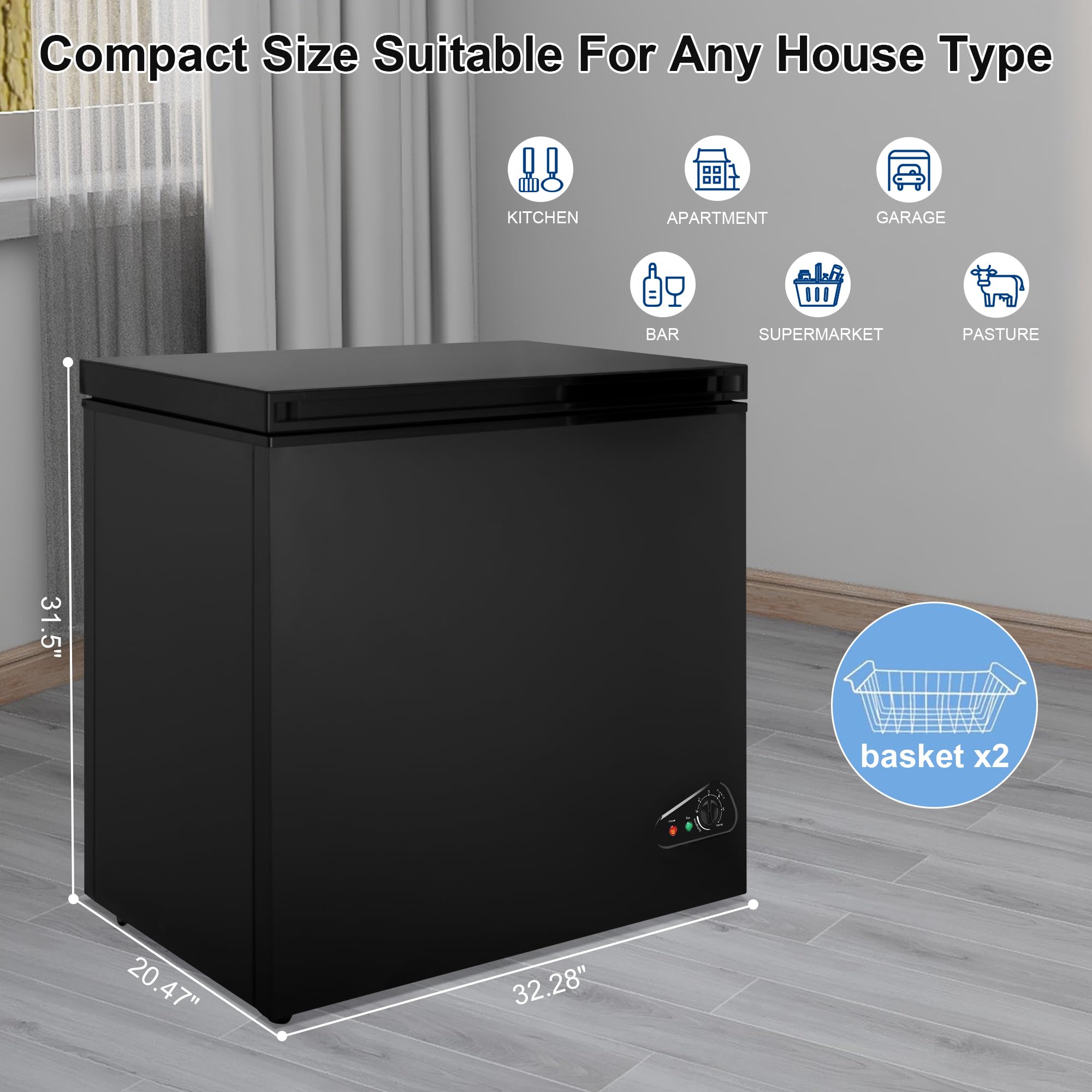 Compact Chest Freezer 7.0 Cu.Ft, Mini Deep Freezer with 2 Removable Storage Basket, Top Open Door Small Chest Freezer with 7 Level Adjustable Temperature, Compact Freezer for Home Kitchen Office