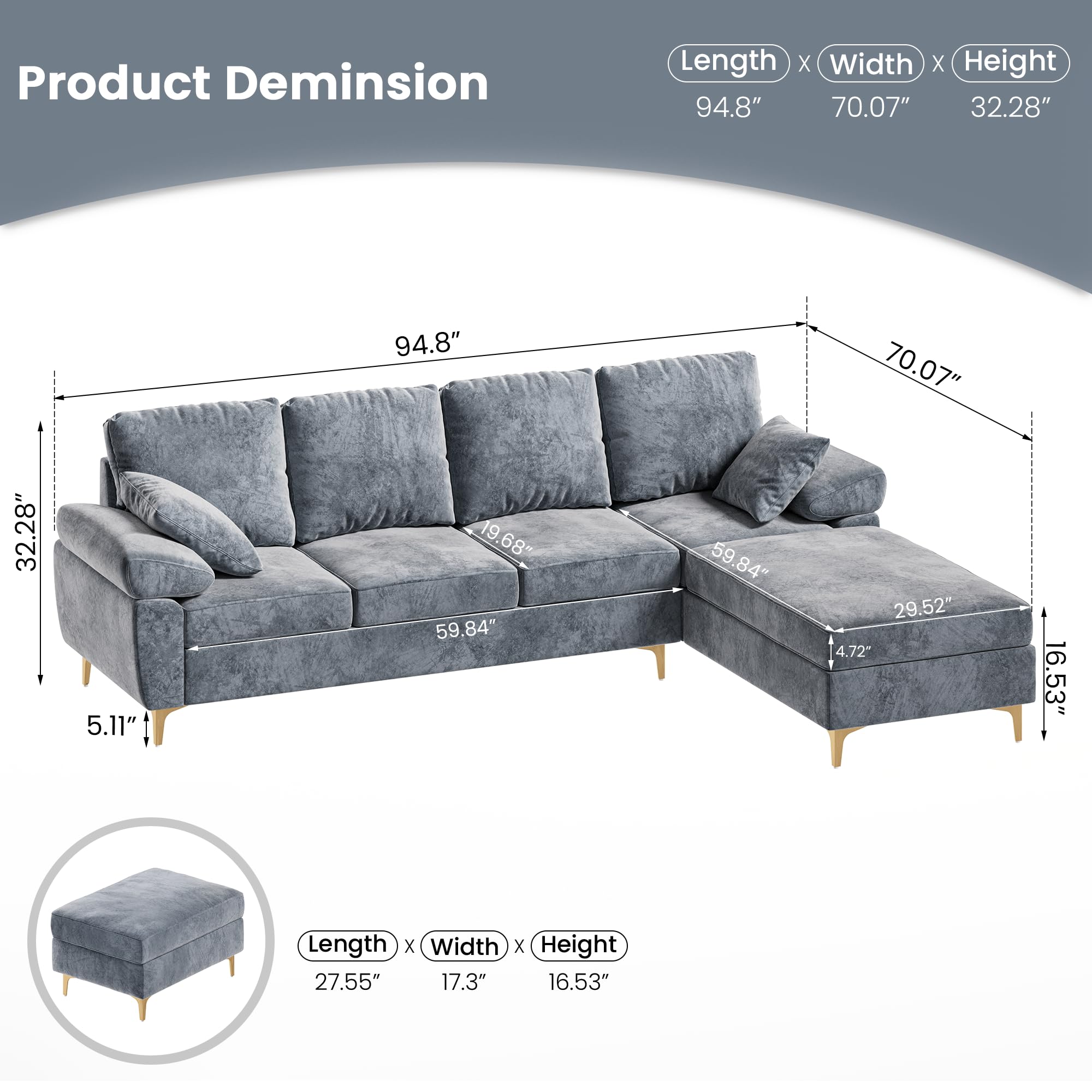 Lamerge L Shaped Sectional Couch for Living Room, Velvet Modular Sectional Sofa Set with Ottoman & Chaise, Comfy Living Room Furniture Sets with 2 Pillows, Oversized Corner Sofa Couch, Grey