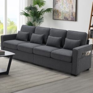 wiis' idea 104" modern sectional sofa couch,4-seater modern linen fabric sofa with armrest pockets and 4 pillows,minimalist style couch for living room,apartment,office（dark gray）