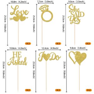 12 Pack He Asked She Said Yes Centerpiece Sticks Love Heart I do Ring Table Centerpiece Sticks for Wedding Engagement Bridal Theme Party Supplies Gold (gold)