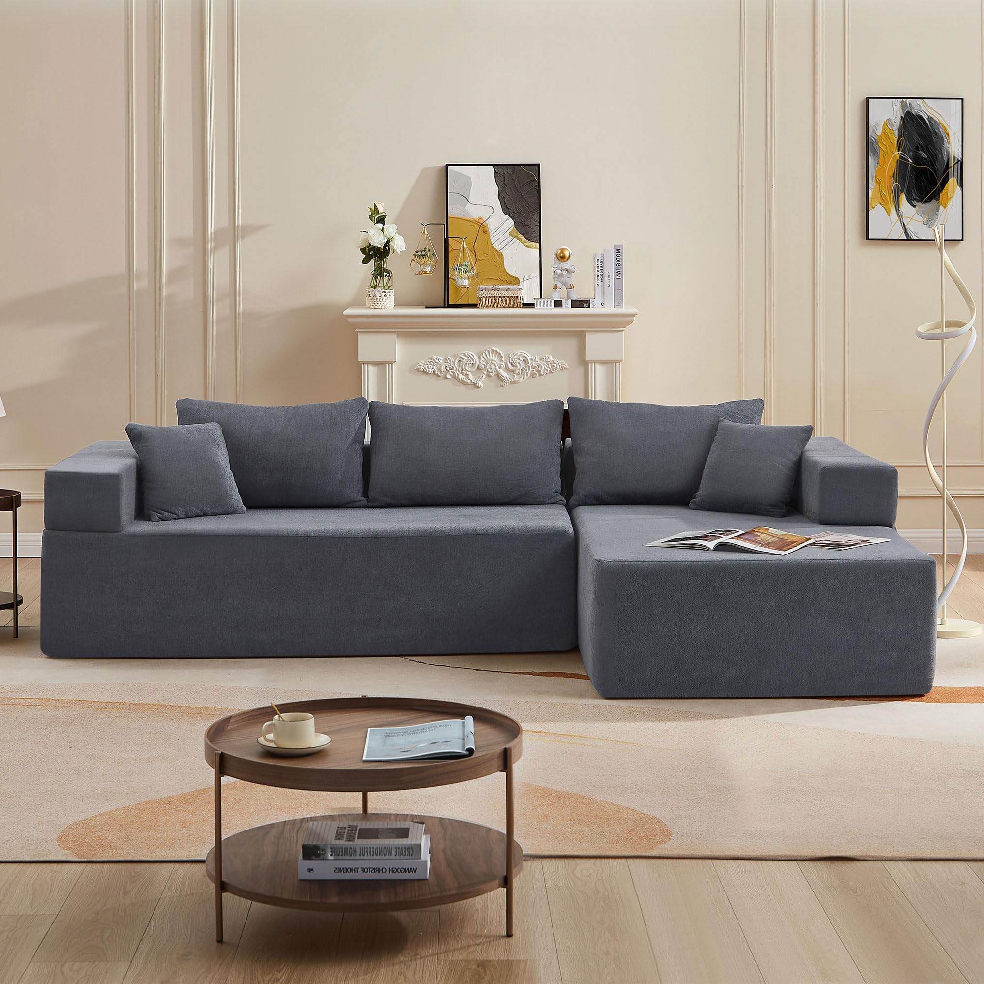 kevinplus 107.47 Sectional Sofa Couch with Chaise Lounge for Living Room, Modern L-Shape 4-Seat High-Density Sponge Floor Sofa Couch, No Assembly & Heightened Seat(Right-Facing, Gray)