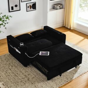 Modern 4 in 1 Convertible Sleeper Sofabed Chenille Upholstered Multifunctional Loveseat Sofa with Pull-Out Couch Bed,Armrests Storage,Cupholders,USB Ports,Adjustable Backrest,Pillows,Side Pockets