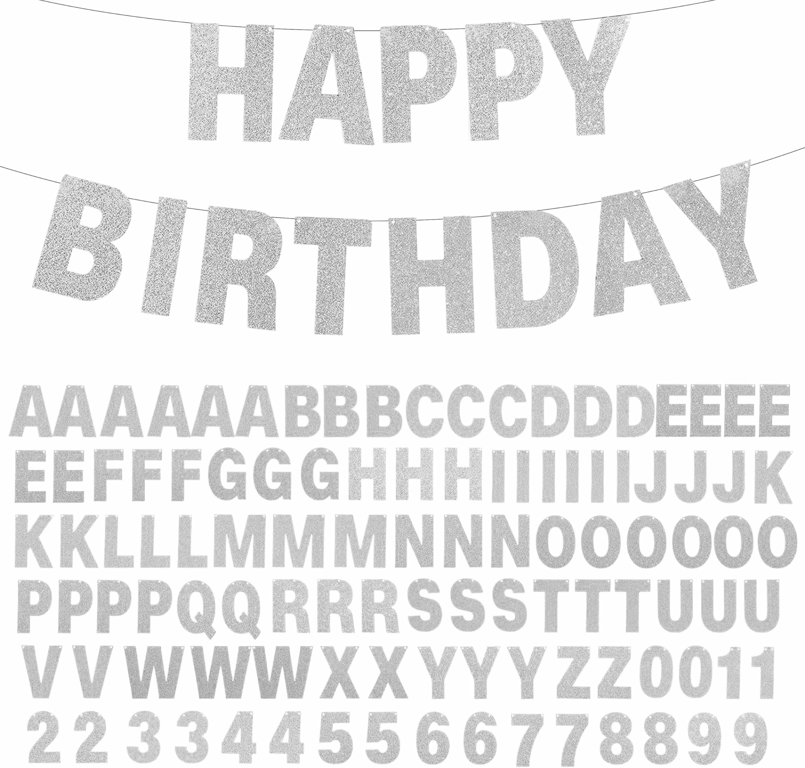 107 Pcs DIY Silver Party Banner, A to Z Letters 0 to 9 Numbers, Customizable Glitter Paper Party Banner Kit for Happy Birthday Party Baby Shower Graduation Christmas Any Partry Decorations Supplies