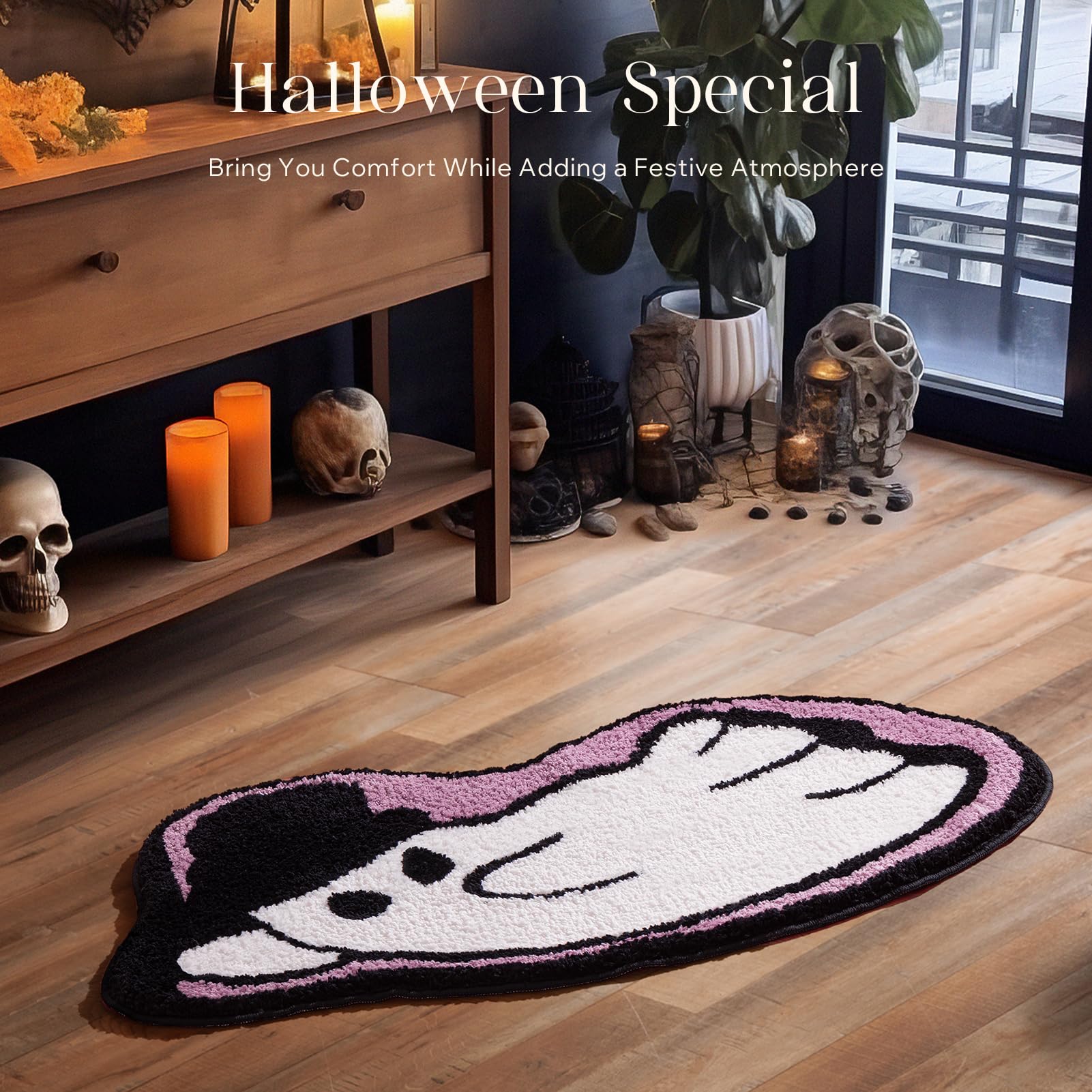 Phantoscope Happy Halloween Rug Ghost Shaped Area Rug, Soft Plush Mat for Front Door Living Bedroom Bathroom, Non-Slip Decorative Rug, Gothic Halloween Decor Door Mat, White/Purple 27.5 x 55 inch