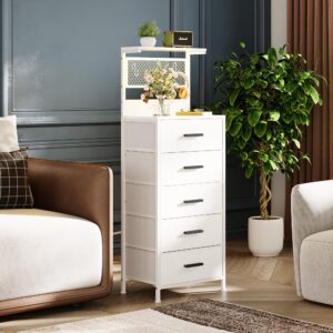 EKNKOZY Nightstand 5 Drawer Dresser with LED Lights, Charging Station, Metal Mesh Shelf with Hooks, Vertical Side Table with Fabric Drawers, End Table, Tall Dresser for Bedroom, Entryway, White