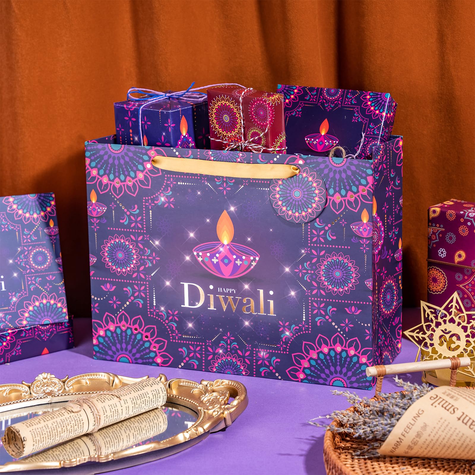 Loveinside Diwali Gift Bag with Tissue Paper, Gift Tag and Greeting Card for Diwali, Autumn, Holiday and Party - 13" x 5" x 10", 1 Pcs, Diwali