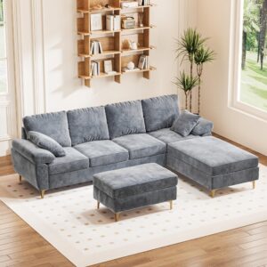 Lamerge L Shaped Sectional Couch for Living Room, Velvet Modular Sectional Sofa Set with Ottoman & Chaise, Comfy Living Room Furniture Sets with 2 Pillows, Oversized Corner Sofa Couch, Grey