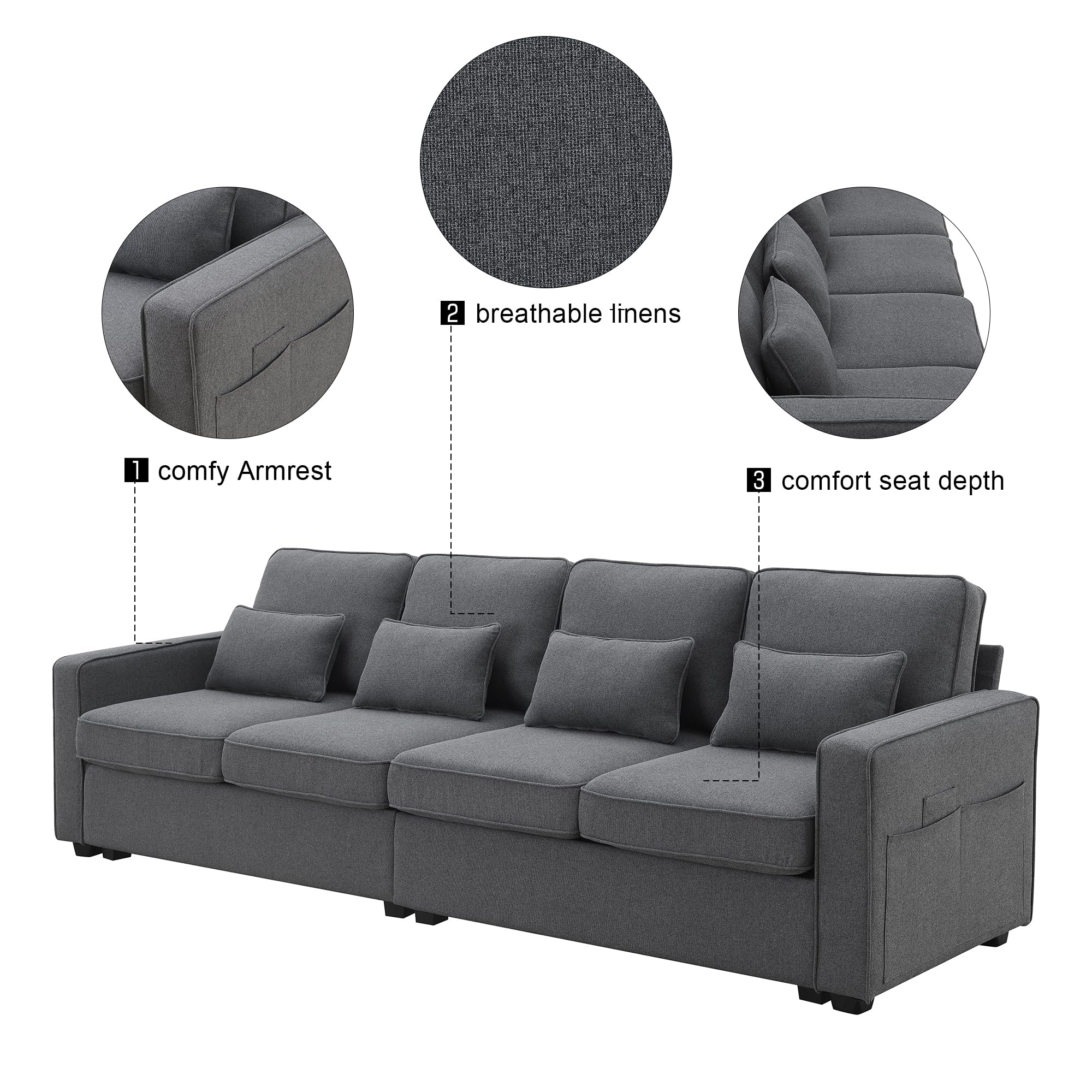 WIIS' IDEA 104" Modern Sectional Sofa Couch,4-Seater Modern Linen Fabric Sofa with Armrest Pockets and 4 Pillows,Minimalist Style Couch for Living Room,Apartment,Office（Dark Gray）