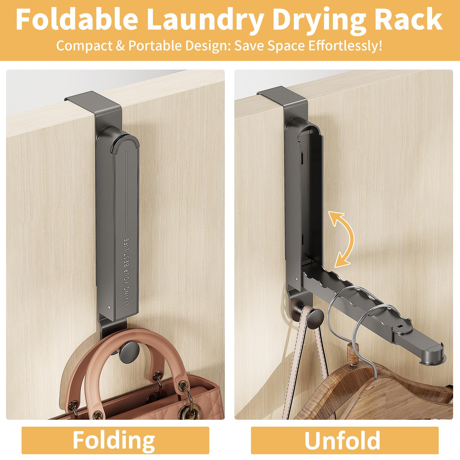 ROLIZOE 13.1in Foldable Over The Door Hooks Hanger with Expandable Bar, Space-Saving Over Door Drying Rack for Clothes, Towels, Coats, Laundry Drying Rack with 6 Grooves for Bedroom, Bathroom, Gray